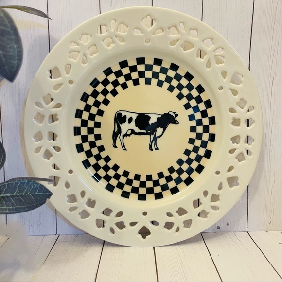 Kitchen | Vintage Checkered Black And White Cow Plate Pierced Edge ...